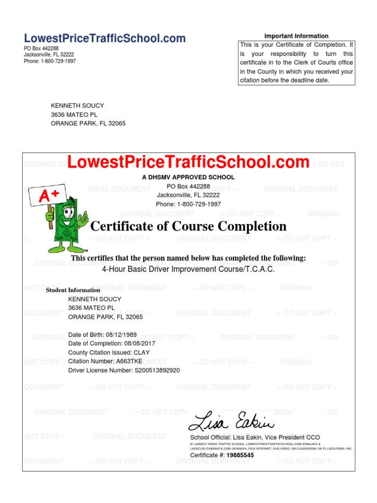 Traffic School Completion Certificate | PDF | Transport | Business