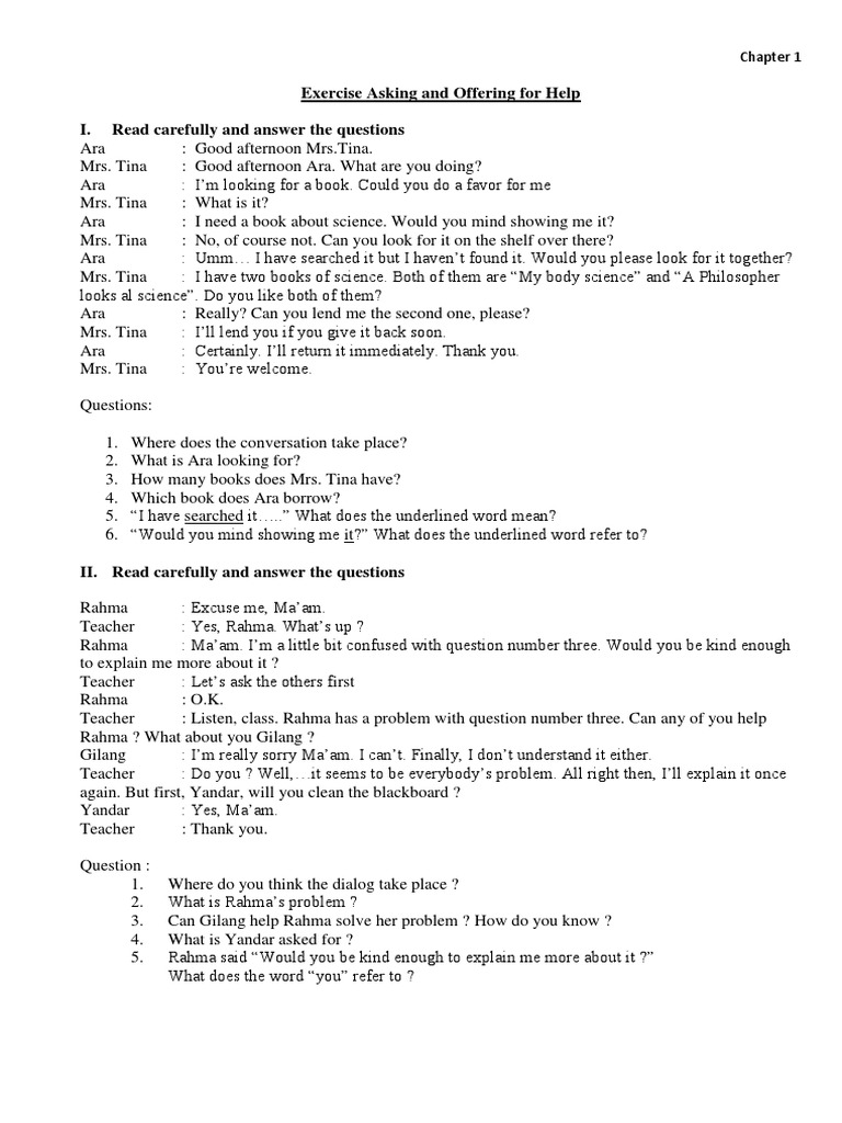 Exercise Asking and Offering For Help I. Read Carefully and Answer The ...