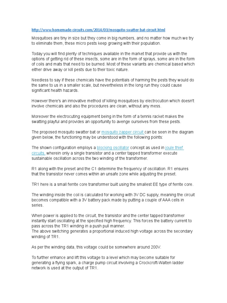Mosquito Zapper Circuit Diagram and Theory of Operation | PDF ...
