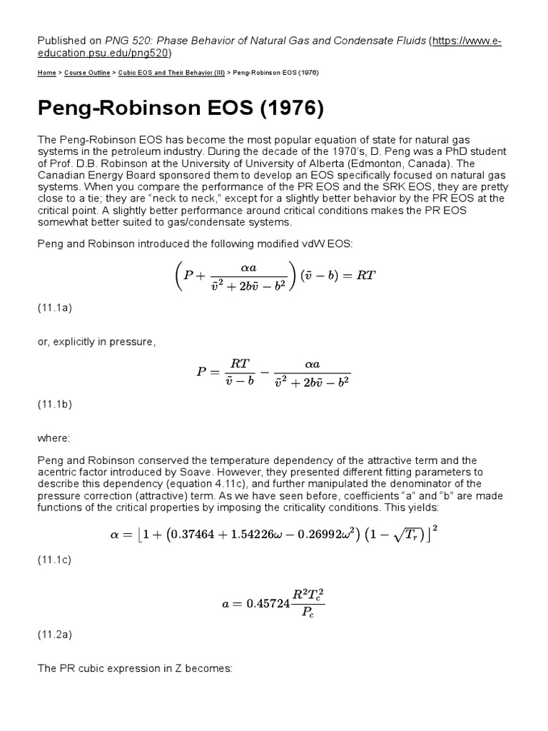 Peng-Robinson Equation Of State (1976) | Applied And Interdisciplinary ...