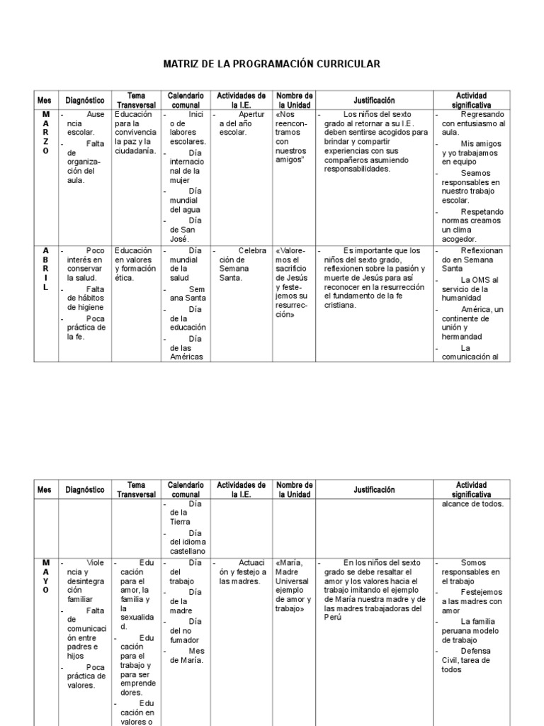 Matriz De La Programación Curricular Matriz De La Programación Curricular