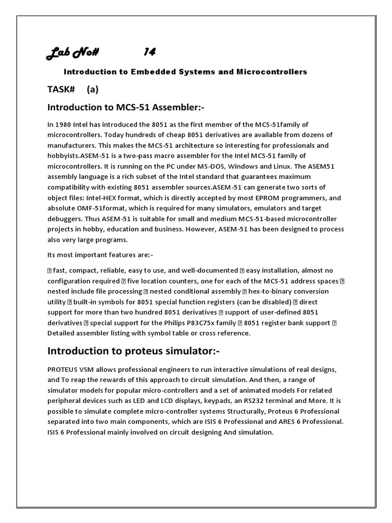 Lab No# 14: Task# (A) Introduction To MCS-51 Assembler | PDF | Microcontroller | Assembly Language