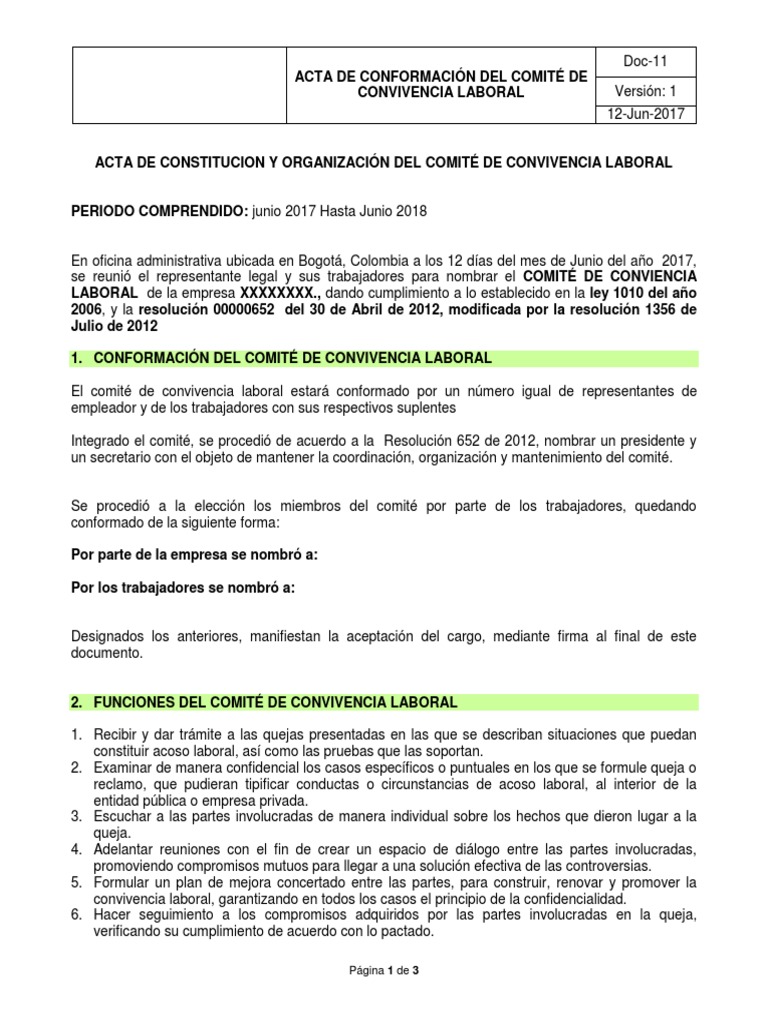 DOC-11 Conformación Comité de Convivencia Laboral .docx | PDF | Derecho laboral | Gobierno