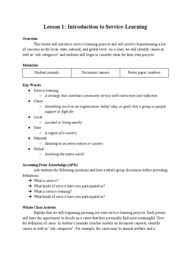 SL Investigation Lessons 1-6 | PDF | Service Learning | Vocabulary