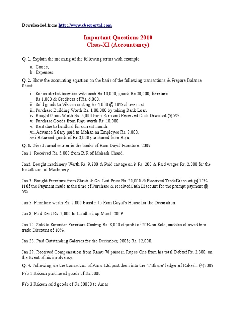 Important Questions 2010 Class-XI (Accountancy) | PDF