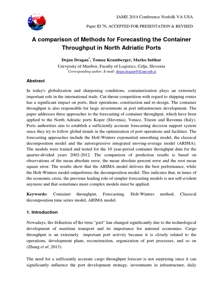 A Comparison of Methods For Forecasting The Container Throughput in North Adriatic Ports | PDF ...
