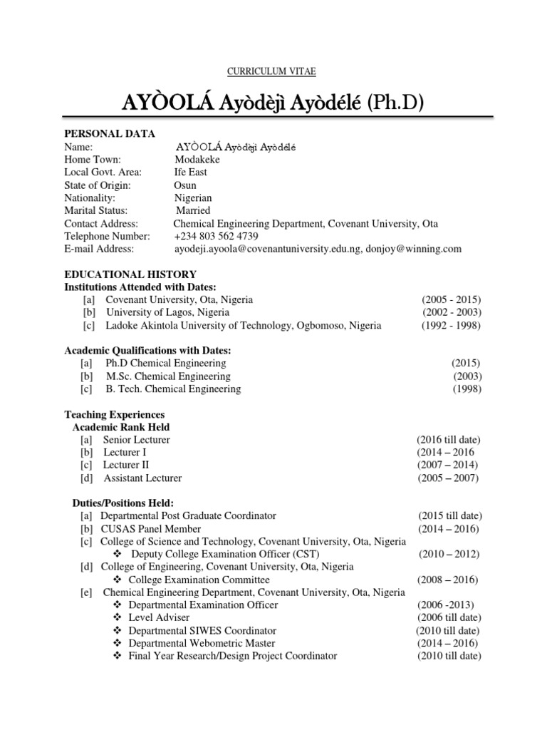 AYÒOLÁ Ayòdèjì Ayòdélé (PH.D) : Curriculum Vitae | PDF | Biodiesel | Biofuel