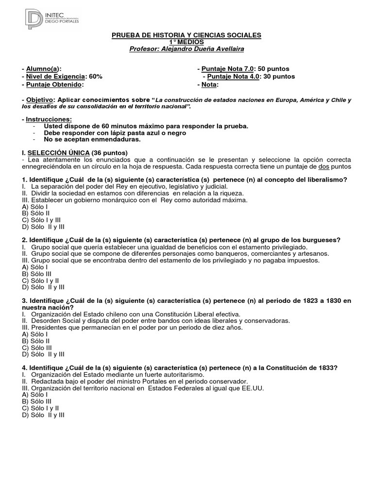 Prueba de Historia y Ciencias Sociales | PDF | República | Constitución