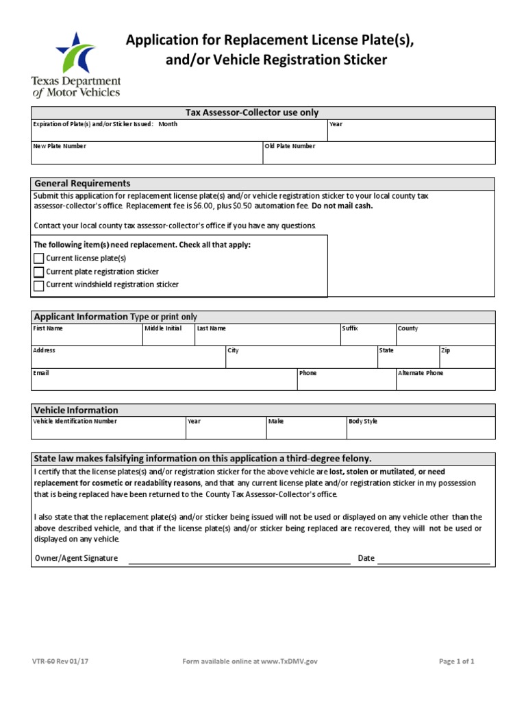 Application For Replacement License Plate(s), And/or Vehicle ...