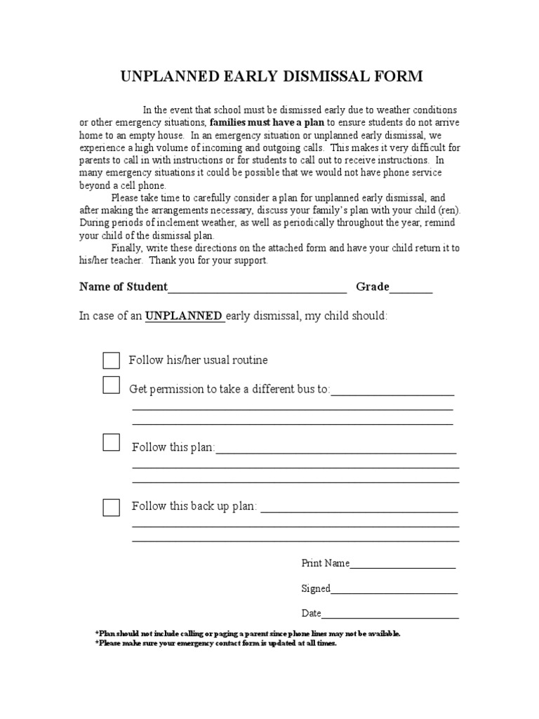 Early Dismissal Plan for Parents | PDF