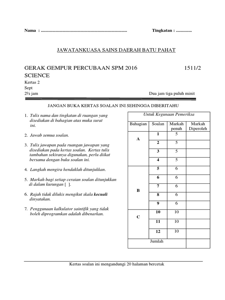 Johor BP Sains SPM Set 1 Paper 2 | PDF
