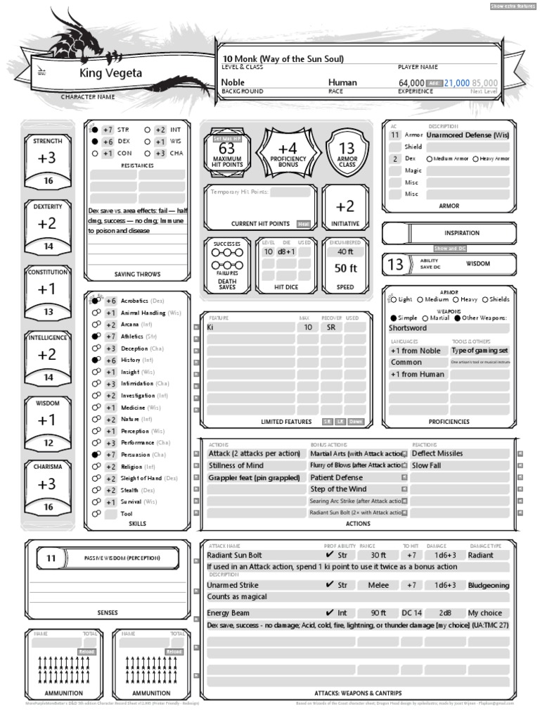King Vegeta: 10 Monk (Way of The Sun Soul) Noble Human 64,000 | PDF ...
