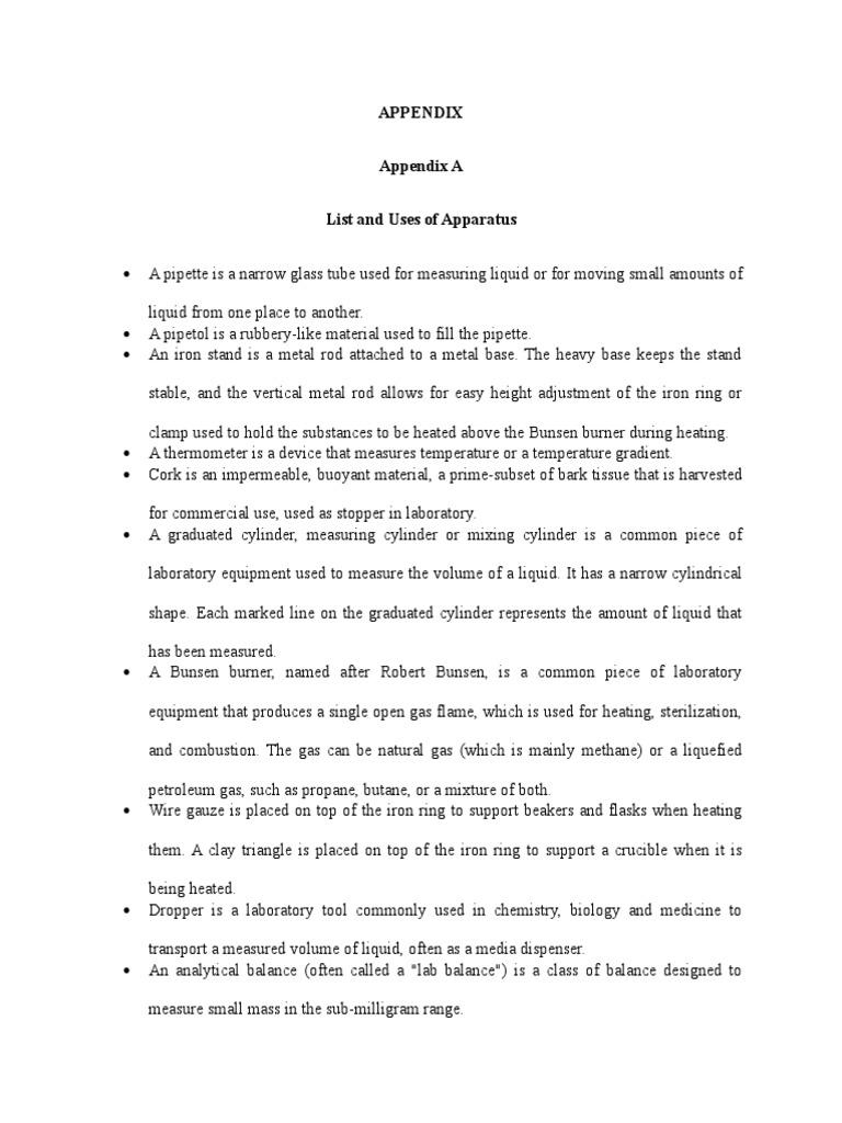Appendix Appendix A List and Uses of Apparatus | PDF | Hydrochloric ...