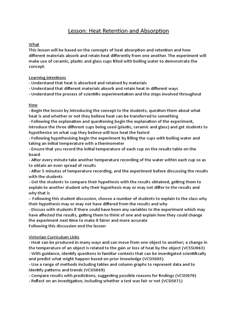 Heat Retention and Absorption Lesson | PDF | Experiment | Scientific Method