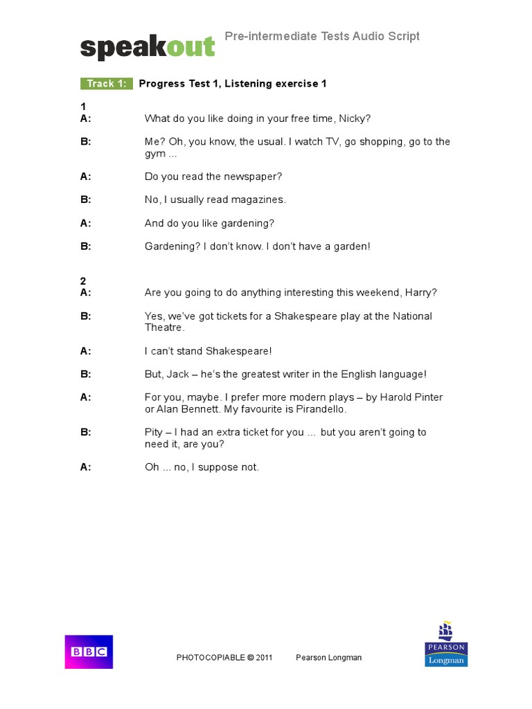 Pre-Intermediate Tests Audio Script: Track 1 | PDF | Leisure