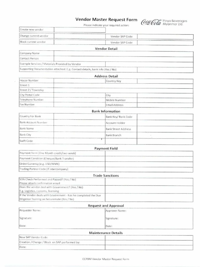 Vendor Master Request Form | PDF | Cheque | Banking