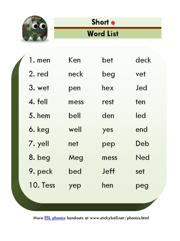 Short e - Word List and Sentences PDF | PDF