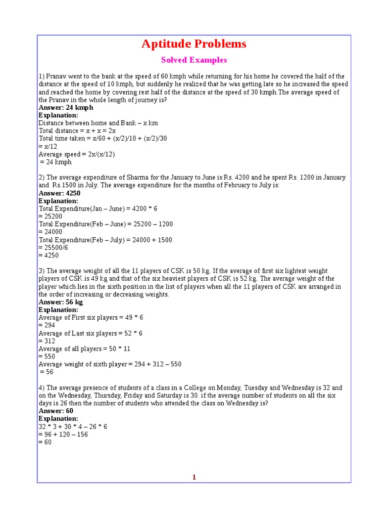 Aptitude Problems: Solved Examples | PDF | Speed | Profit (Accounting)