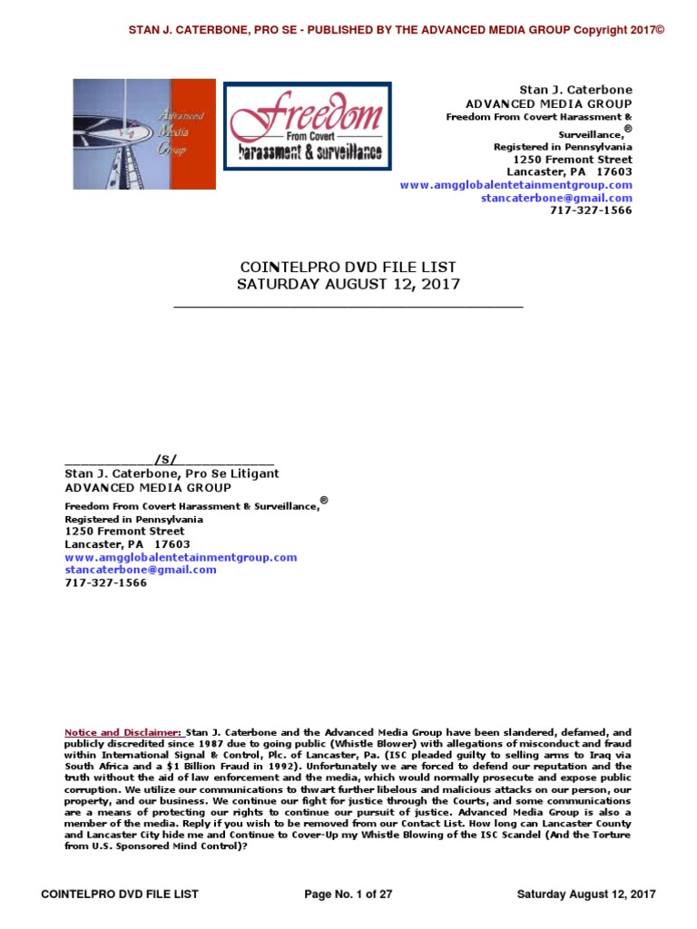 Stan J. Caterbone, Pro Se Cointelpro DVD File List August 12, 2017 ...