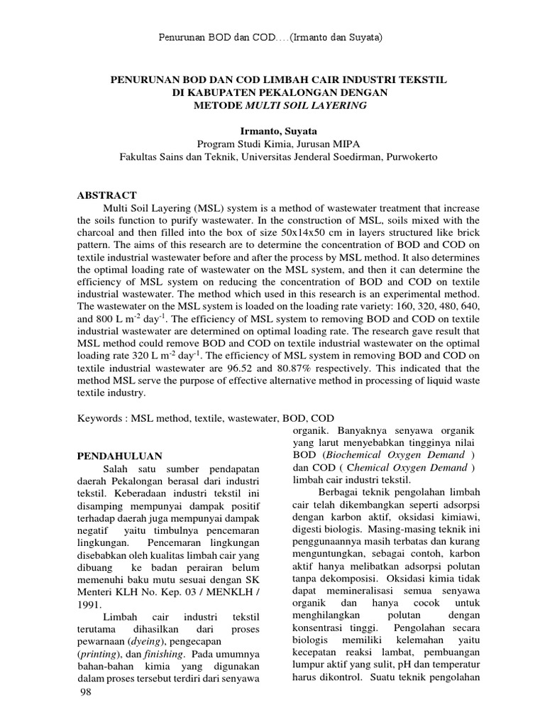 Pengurangan BOD dan COD Limbah Tekstil | PDF