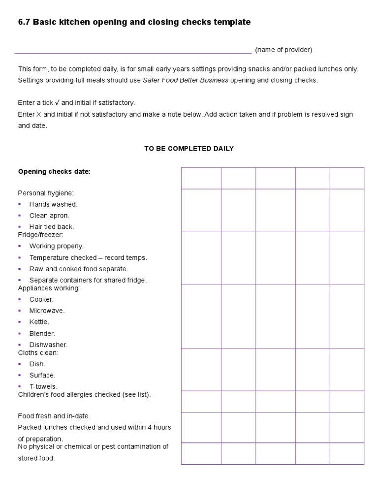 6 7 Basic Kitchen Opening and Closing Checks Template | PDF | Business ...