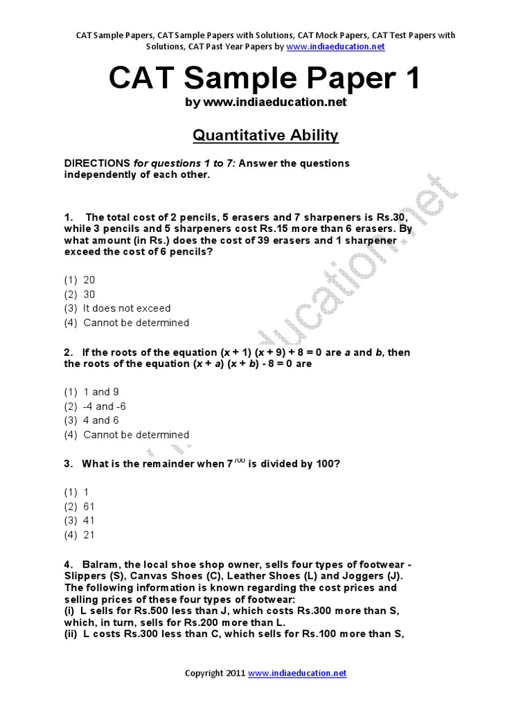 CAT Sample Paper 1 PDF | PDF