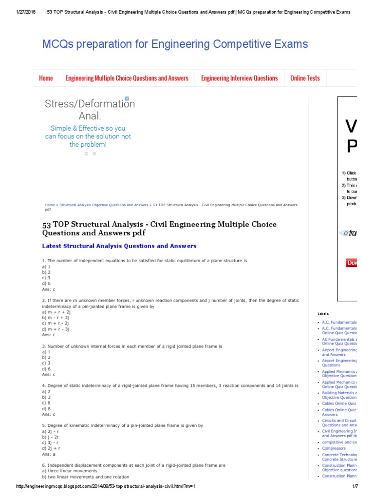 53 TOP Structural Analysis - Civil Engineering Multiple Choice ...