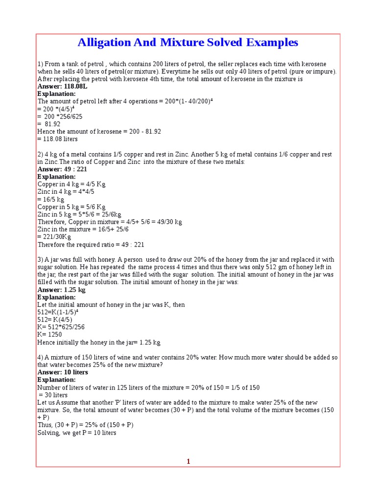 Alligation and Mixture Solved Examples: Answer: 118.08L Explanation ...
