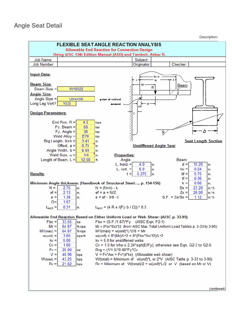 Angle Seat Connection Design Tool | PDF | Spreadsheet | Microsoft Excel