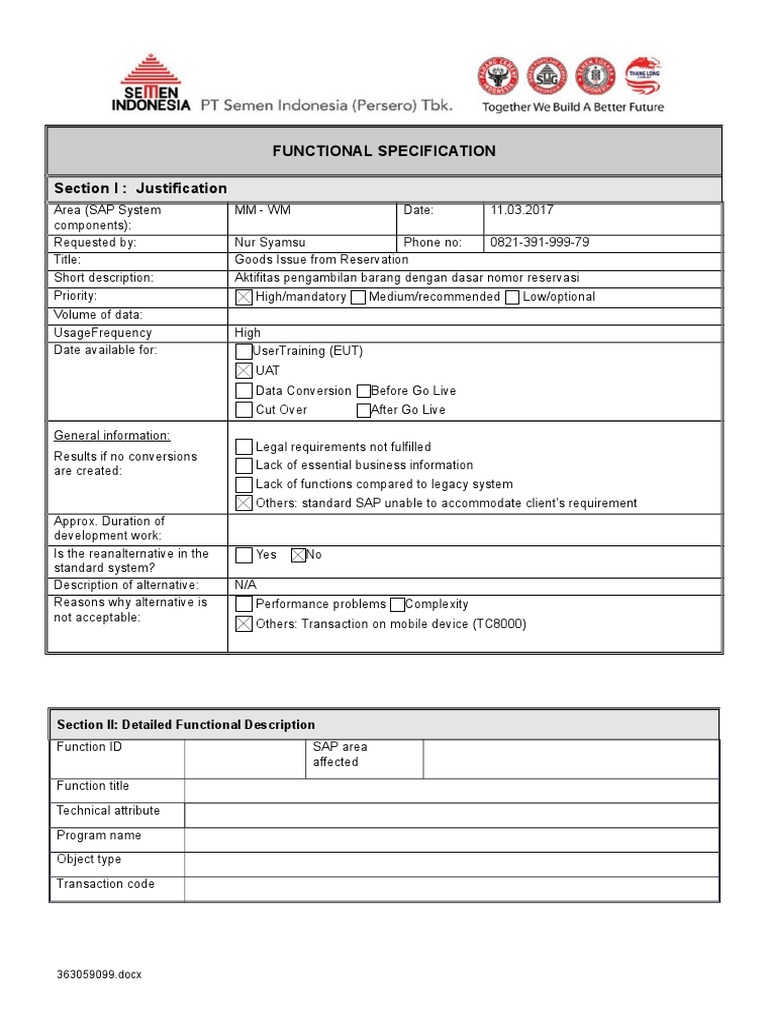 Functional Specification Goods Issue 01 | Specification (Technical ...
