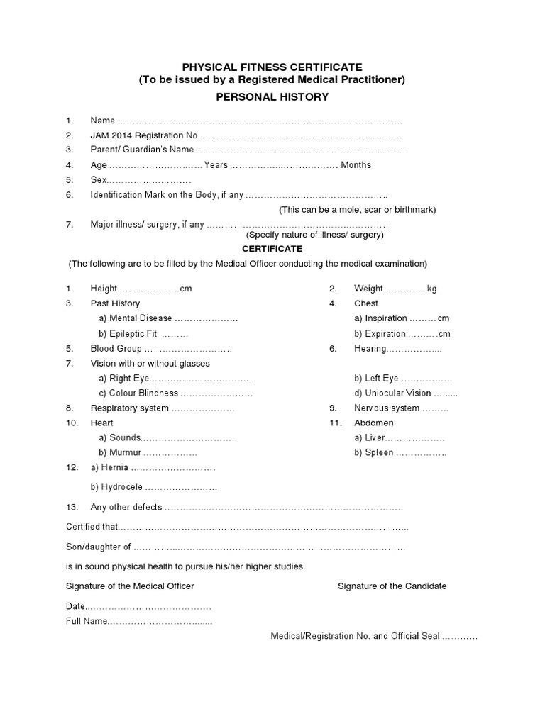 Physical Fitness Certificate | PDF