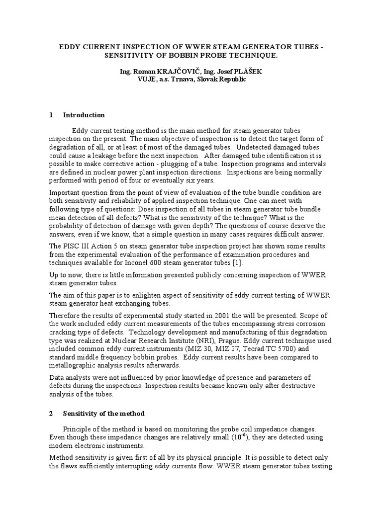 Eddy Current Inspection of Wwer Steam Generator Tubes - Sensitivity of ...