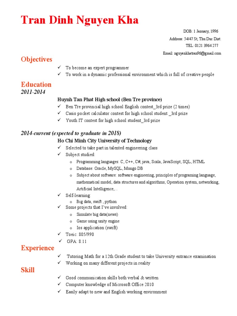 Tran Dinh Nguyen Kha - CV - BKU | PDF