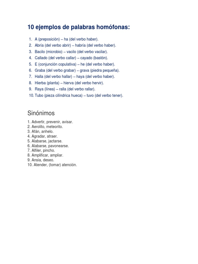 10 Ejemplos de Palabras Homófonas | PDF