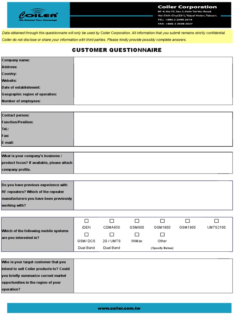 Coiler Customer Information Questionnaire | PDF