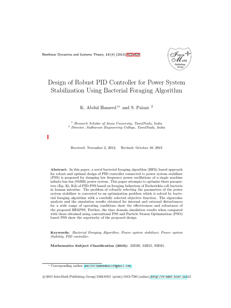 Design of Robust PID Controller For Power System Stabilization Using Bacterial Foraging ...