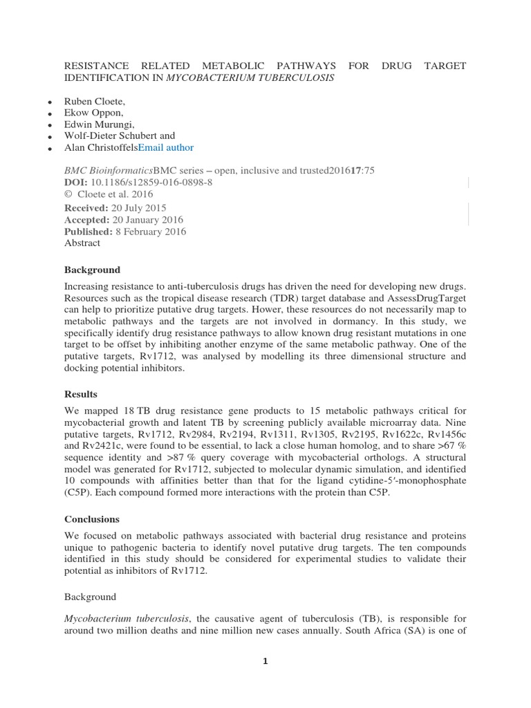 Resistance Related Metabolic Pathways For Drug Target Identification in ...