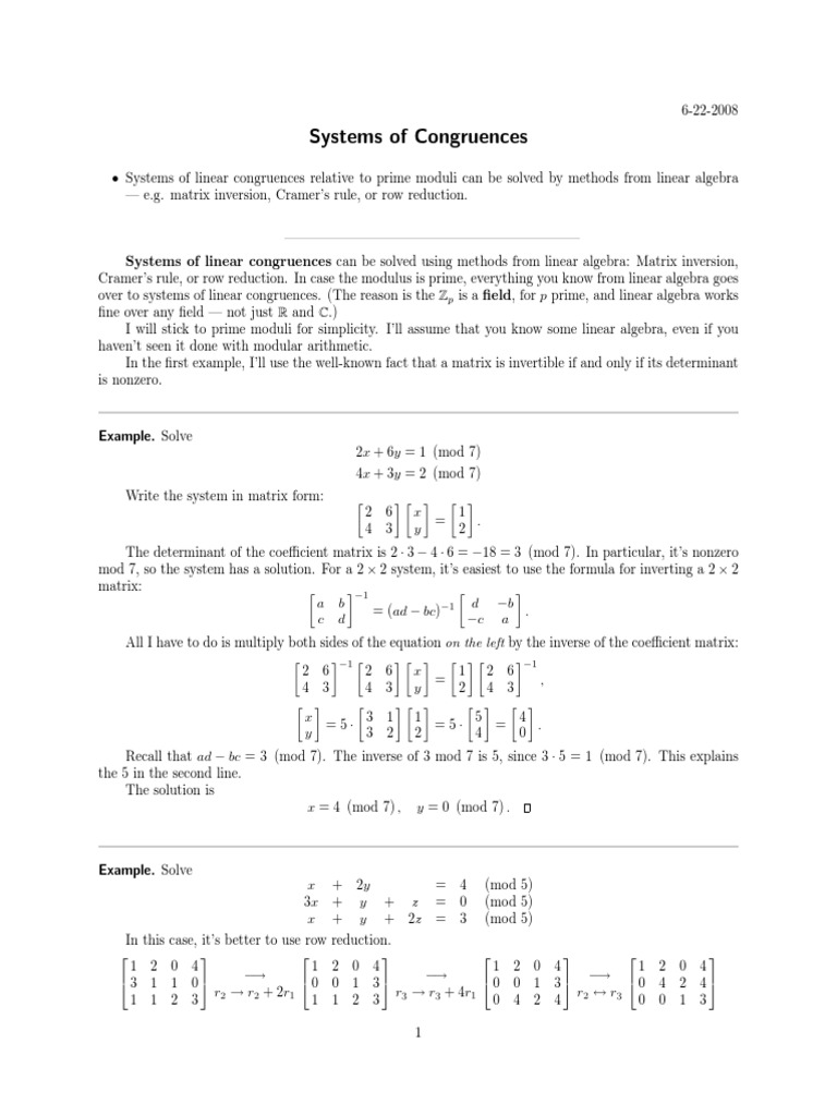 Systems of Congruences | PDF | Determinant | Matrix (Mathematics)