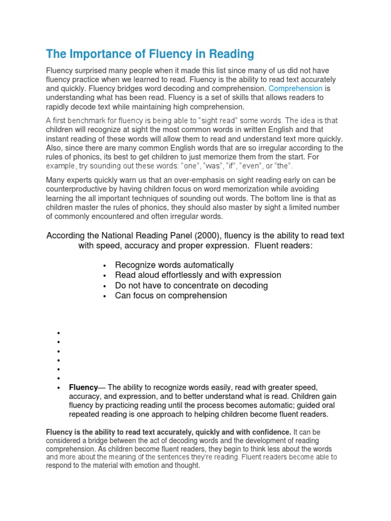 Importance of Reading Fluency | PDF | Fluency | Reading Comprehension