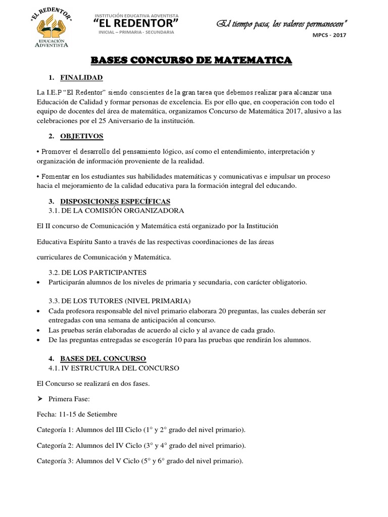 Bases Concurso Matematica | PDF | Educación Secundaria | Cognición