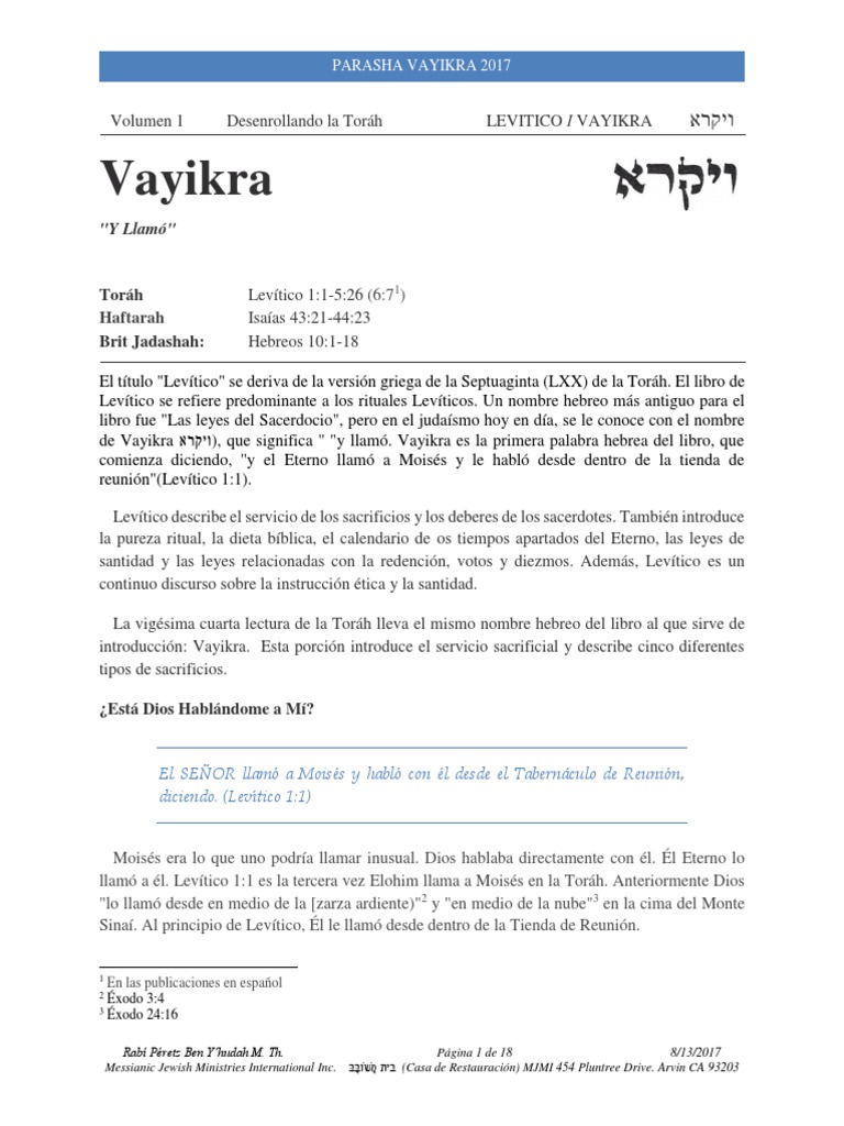 Parashat Vayikra Español | PDF | Libro de levítico | Korban