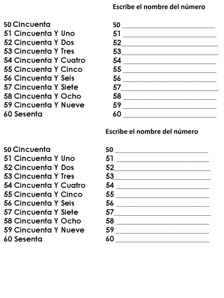 Números del 50 al 60 en letras | PDF