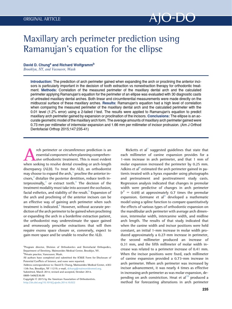 Maxillary Arch Perimeter Prediction Using Ramanujan's Equation For The ...