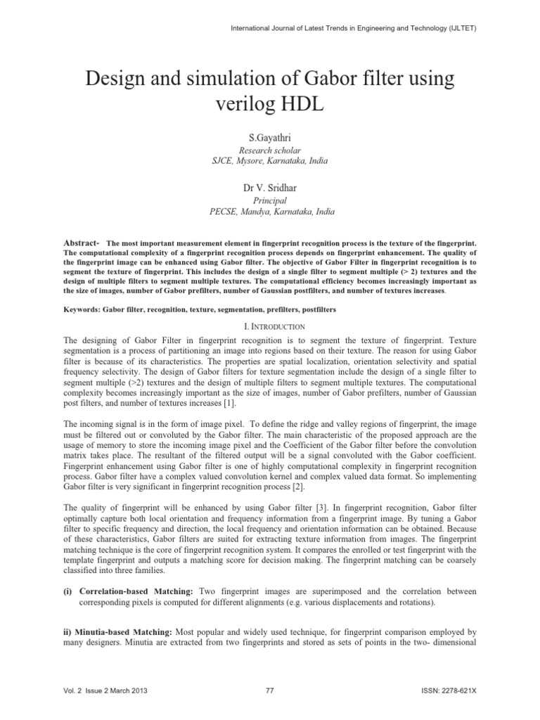 Design and Simulation of Gabor Filter Using Verilog HDL: S.Gayathri | PDF