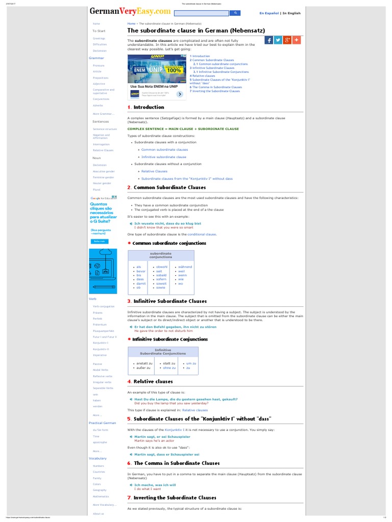 The Subordinate Clause in German (Nebensatz) | PDF | Grammatical Gender ...
