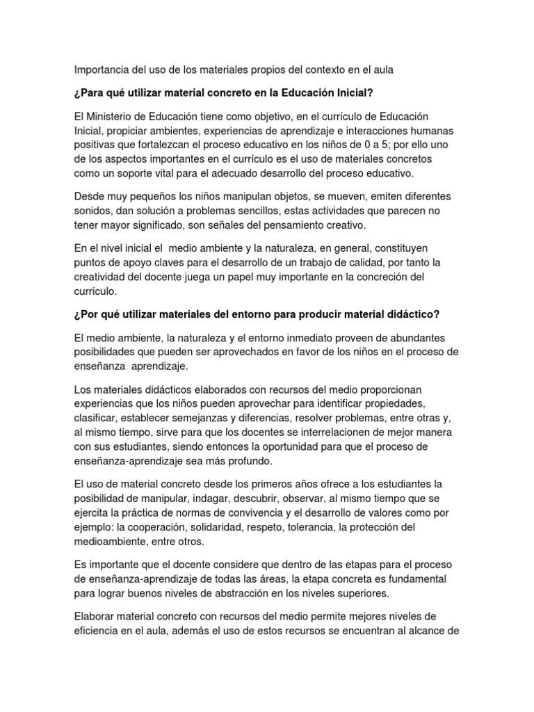 Importancia Del Uso de Los Materiales Propios Del Contexto en El Aula | PDF | Plan de estudios ...