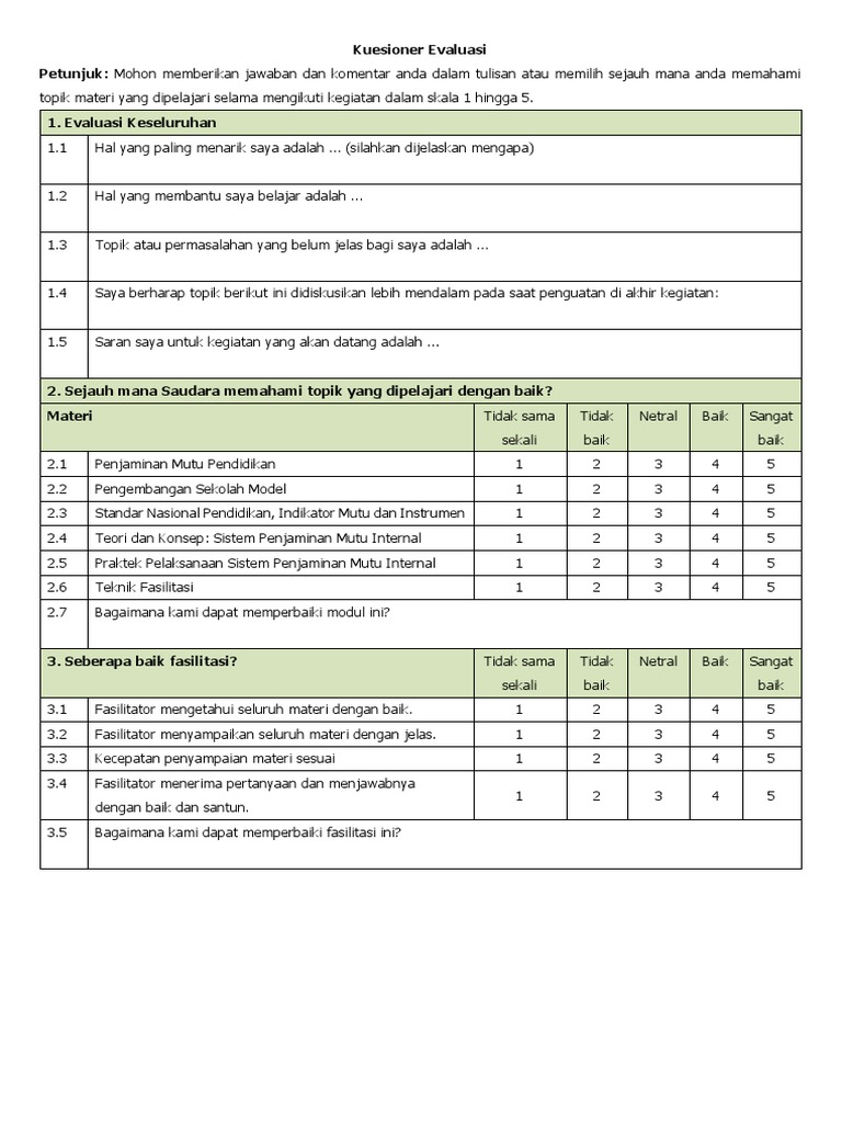 Kuesioner Evaluasi Pelatihan | PDF
