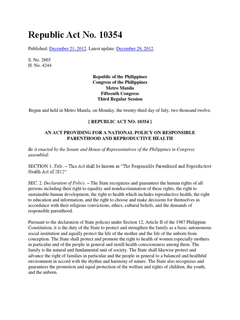 Republic Act No 10354 | Reproductive Health | Family Planning