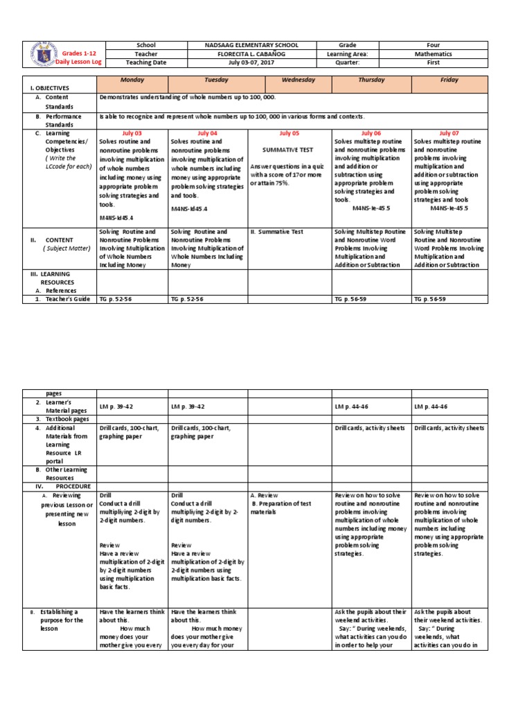 DLL in Math (July 03-07, 2017) | PDF | Multiplication | Teaching ...