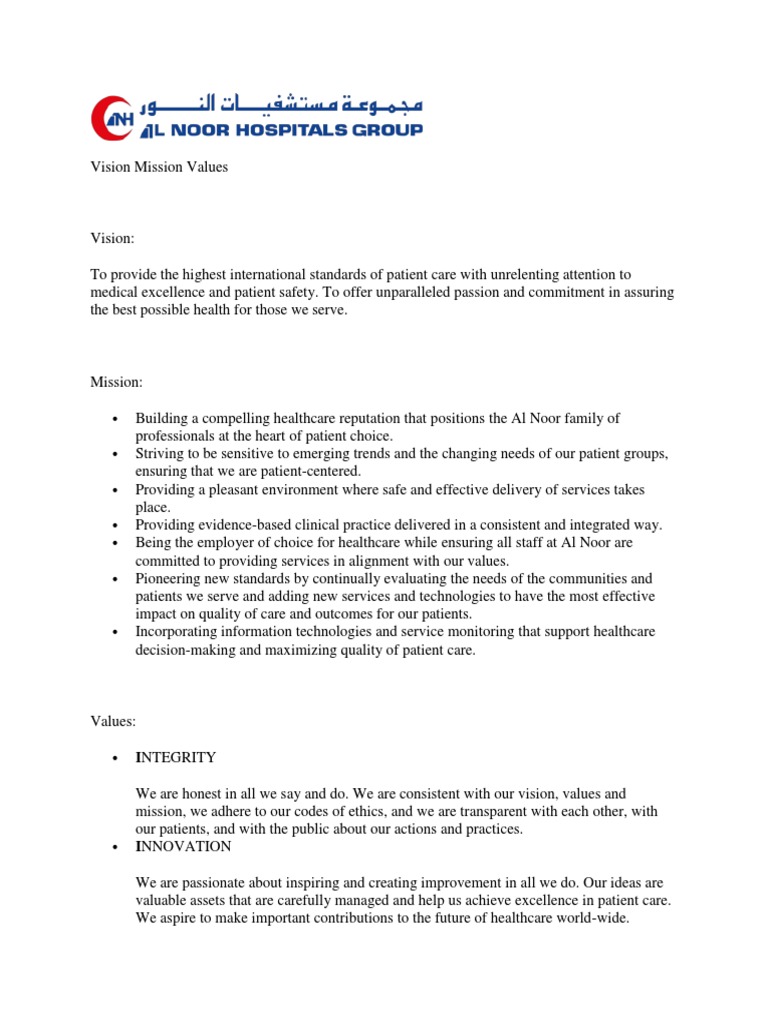 Vision Mission Values | PDF | Patient | Health Care
